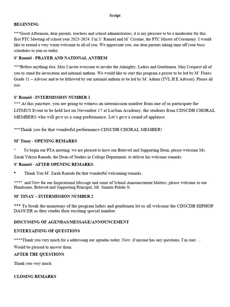 PTA Meeting Script for 2023-2024 | PDF
