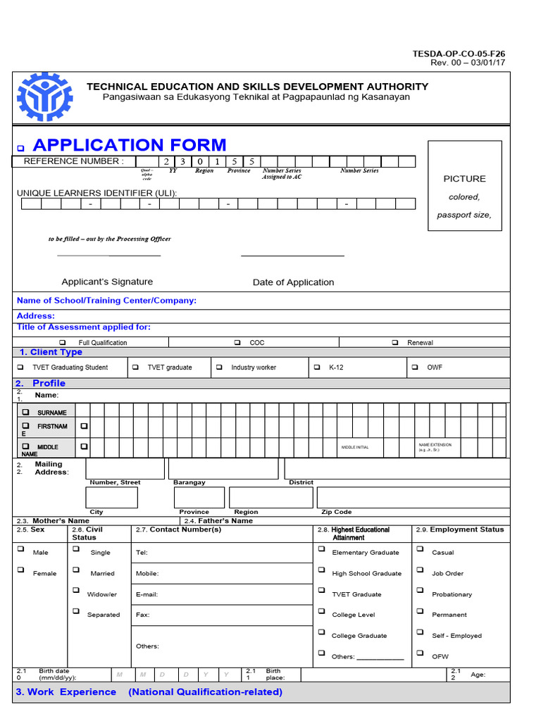 TESDA Assessment Application Form | PDF | Educational Assessment ...