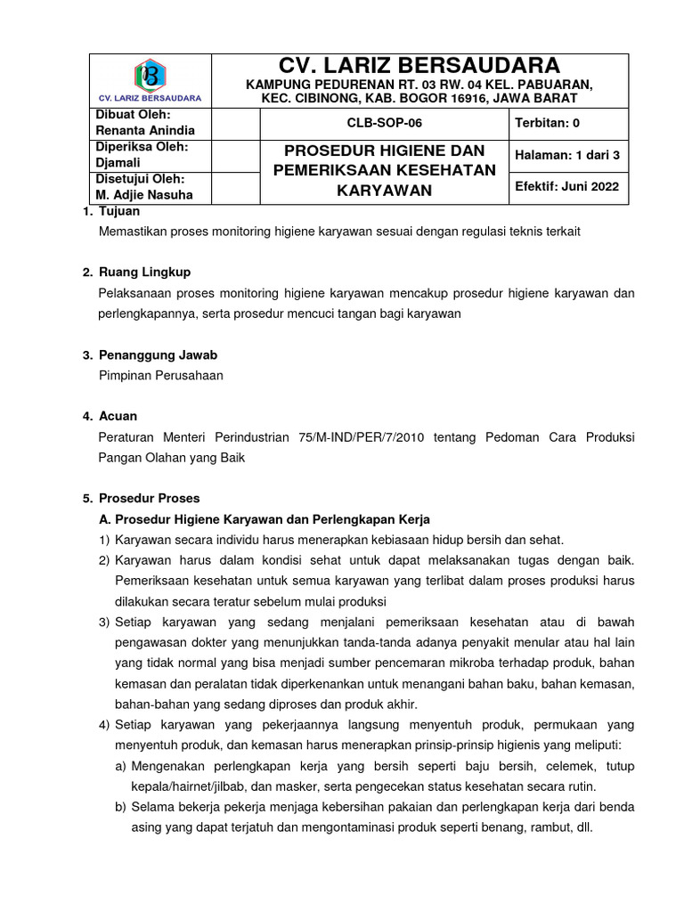 CLB-SOP-06-Prosedur Hygiene Dan Pemeriksaan Kesehatan Karyawan | PDF