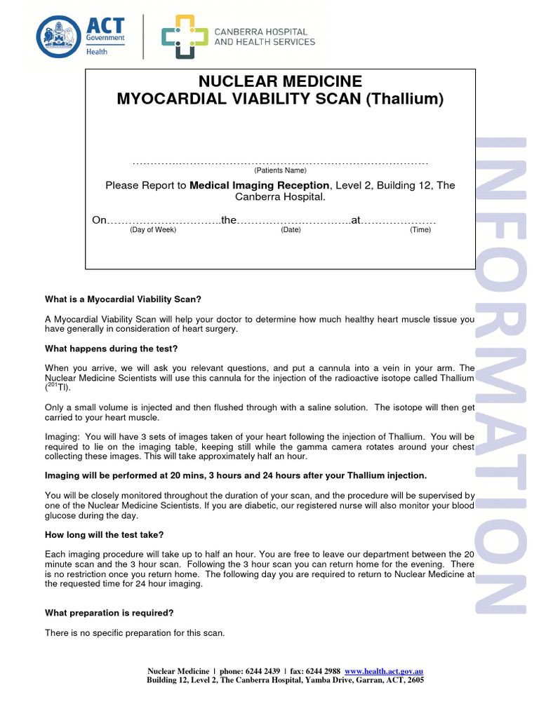 Myocardial Viability Scan Information Sheet | PDF | Nuclear Medicine ...