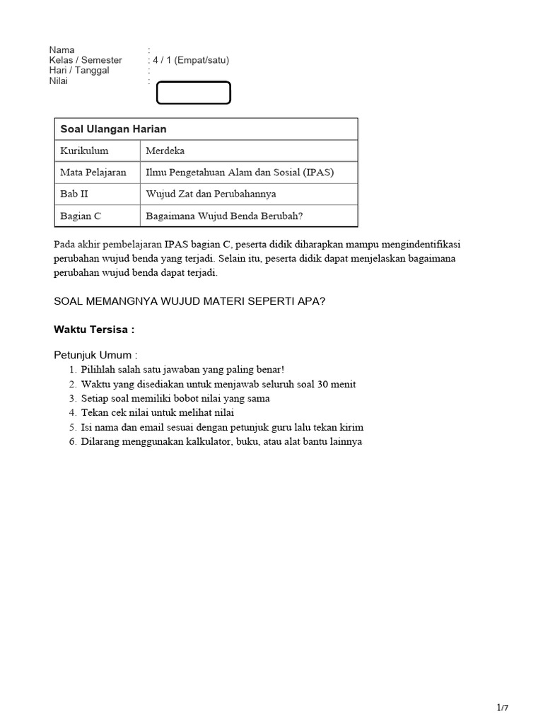 DICARIGURU SUMATIF IPAS Kelas 4 Bagaimana Wujud Benda Berubah | PDF