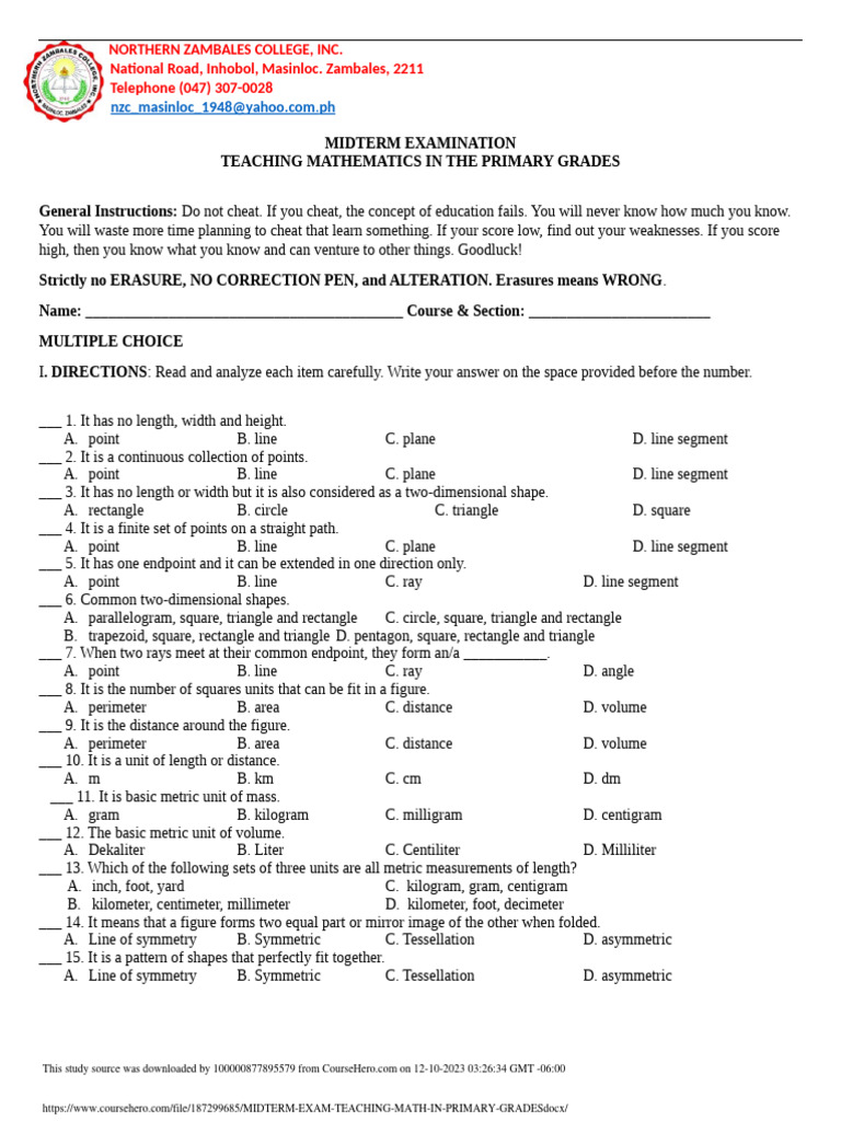Midterm Exam Teaching Math in Primary Grades | PDF | Litre | Volume