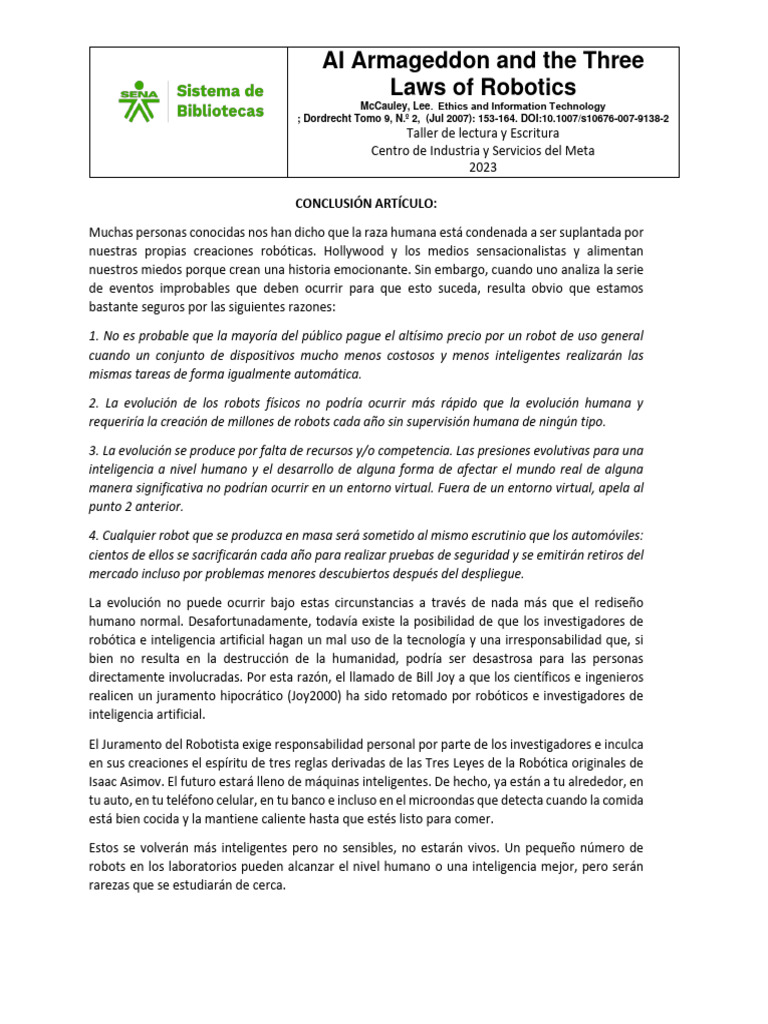 Taller Lectura - AI Armageddon | PDF | Robot | Robótica