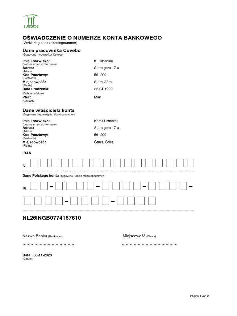 Oświadczenie o Numerze Konta Bankowego | PDF
