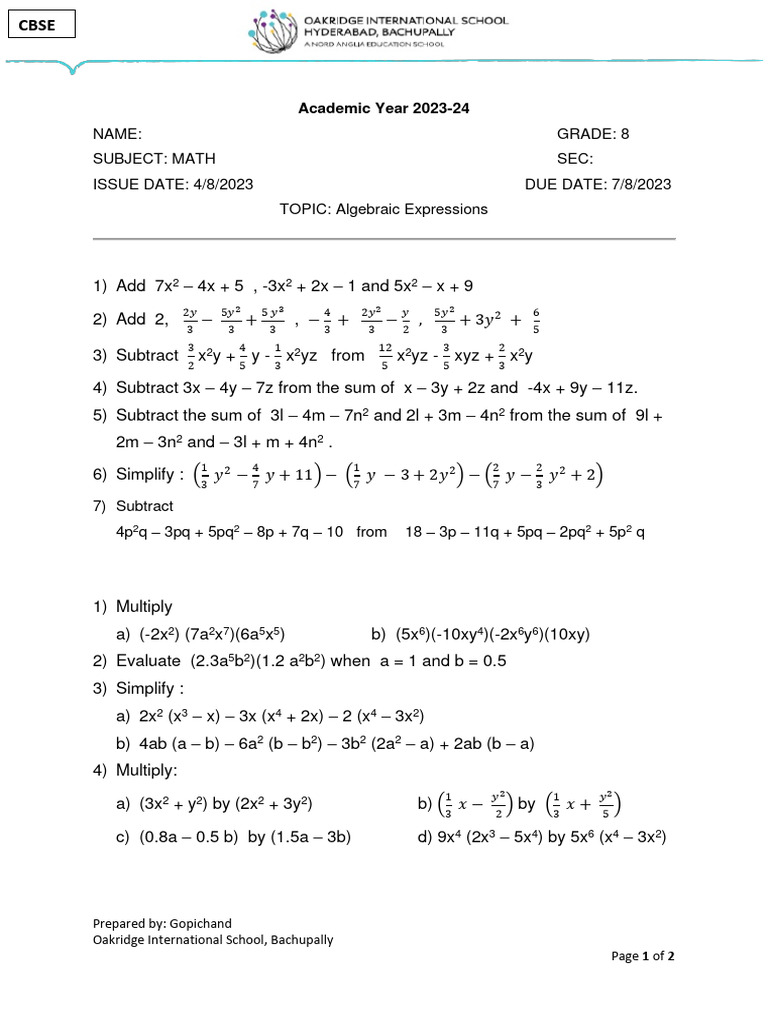 OISB - CBSE - 8 - MATH - WS On Algebraic Expressions - 2023-24 | PDF