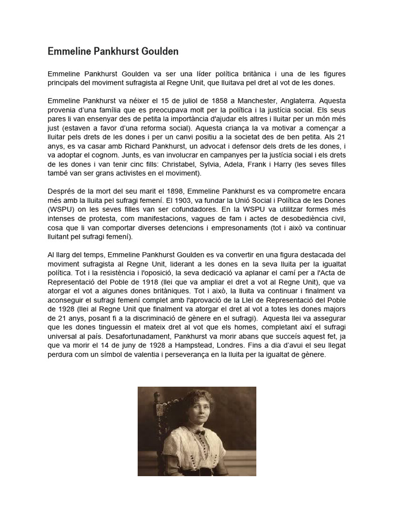 Biografia Emmeline Pankhurst, Noemí Besa 1BHS | PDF