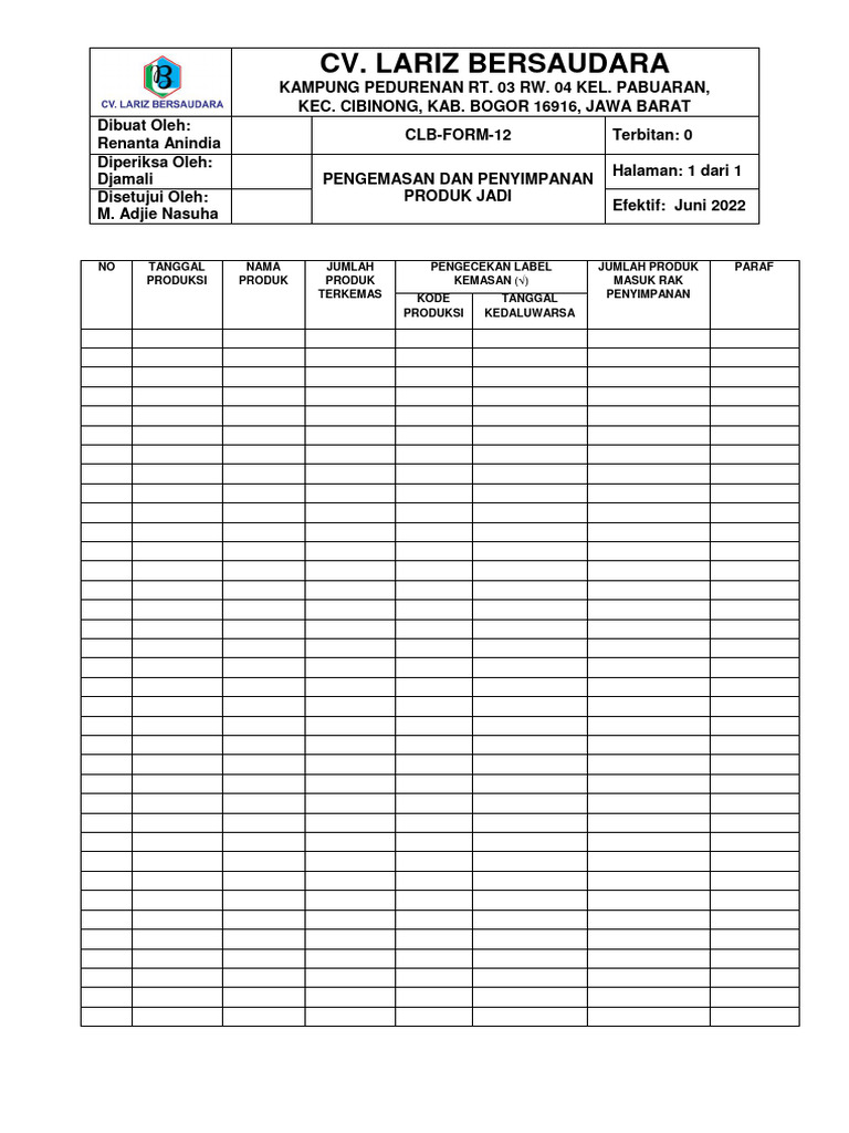 CLB-Form-12-Formulir Pengemasan Dan Penyimpanan Produk Jadi | PDF