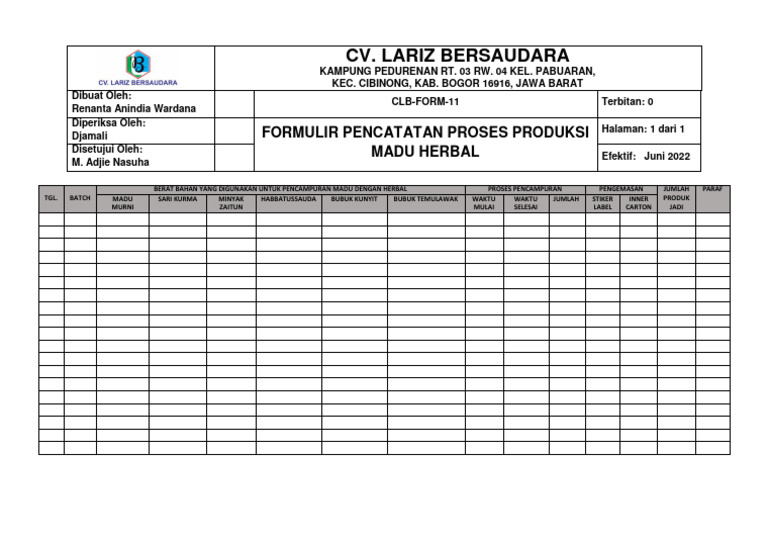 CLB-Form-11-Formulir Pencatatan Proses Produksi | PDF