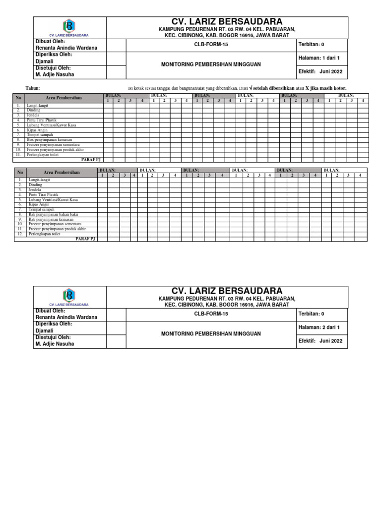 CLB-Form-15-Formulir Monitoring Pembersihan Mingguan | PDF