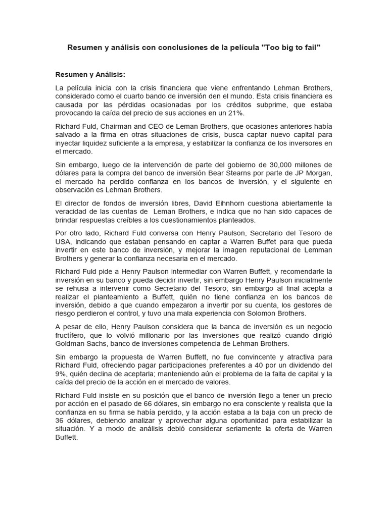 Análisis - Película Too Big To Fail - Michael Gayoso | PDF