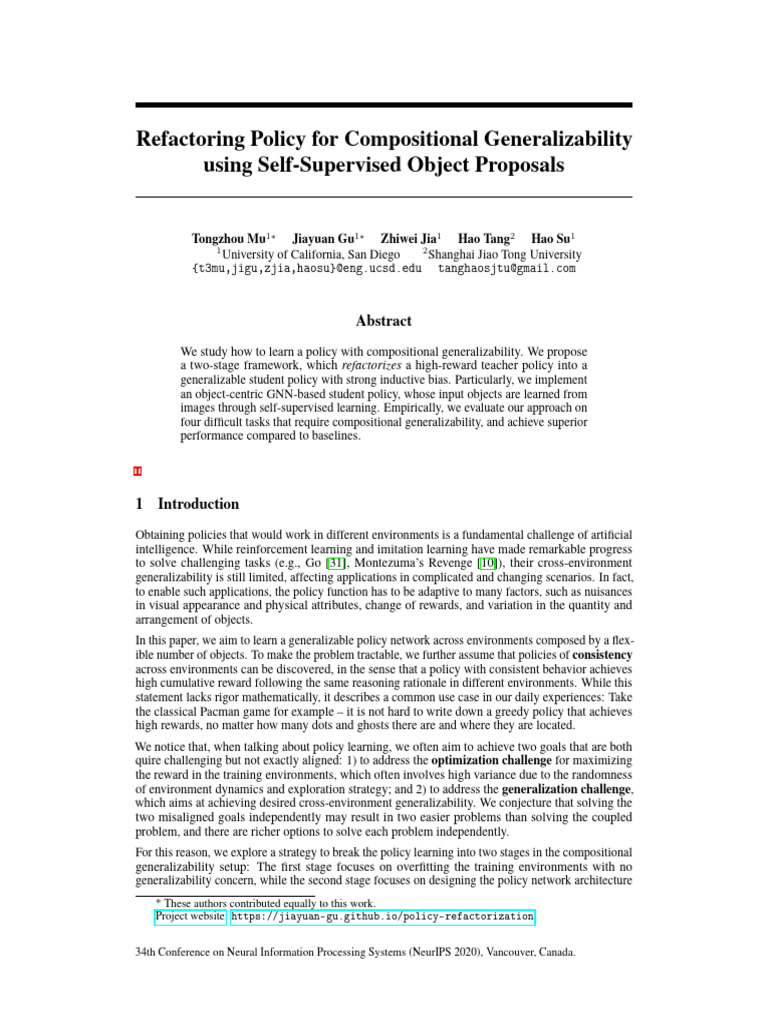 NeurIPS 2020 Refactoring Policy For Compositional Generalizability Using Self Supervised Object ...