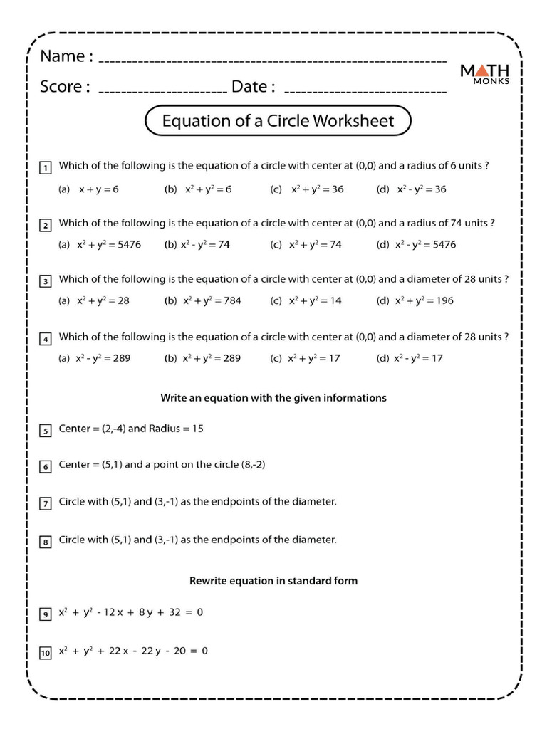 Equation of A Circle Worksheet | PDF