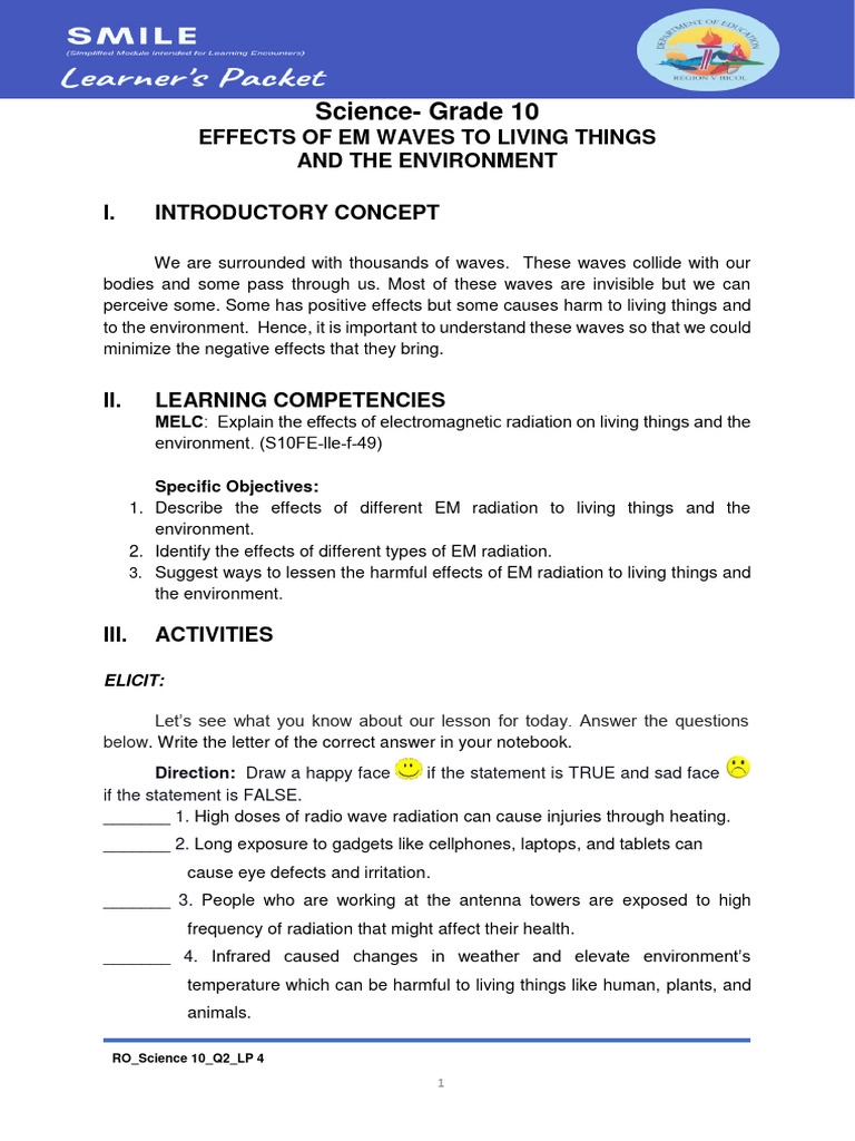 Science 10 - Q2 - LP4 Answer Sheet | PDF | Electromagnetic Radiation ...