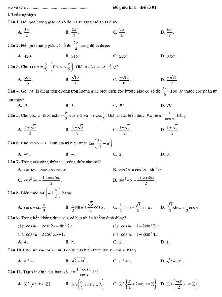11 de Kiem Tra Giua Ki 1-01-05 de Bai Đã G P | PDF