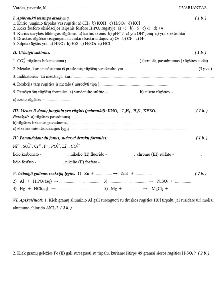 9 Kl. KD - Rūgštys Ir Jų Savybės I, II Ir III Var. | PDF
