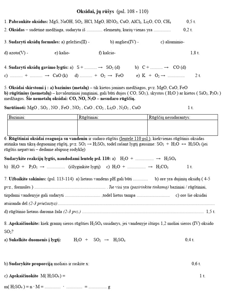 9 Kl. Oksidai, Jų Rūšys Kart. Užd. | PDF
