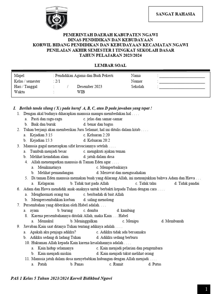 Soal Pak Kls 5 SMT 1 | PDF