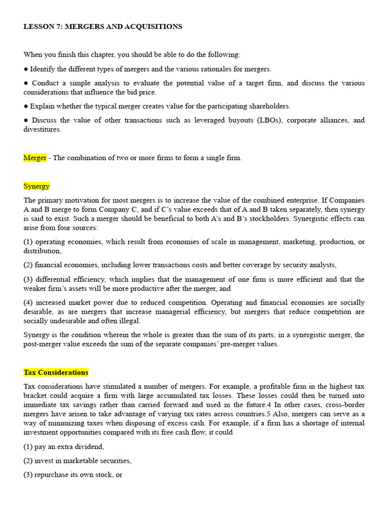Lesson 7 Mergers and Acquisitions | PDF | Mergers And Acquisitions ...