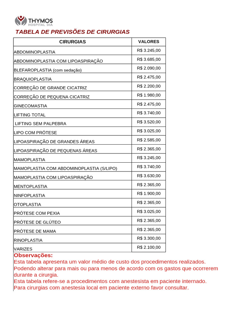 Tabela de Preços de Cirurgias 2023 | PDF
