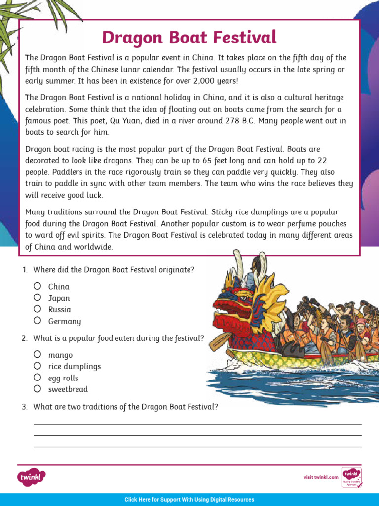 Digital Fifth Grade Dragon Boat Festival Reading Comprehension Passage ...