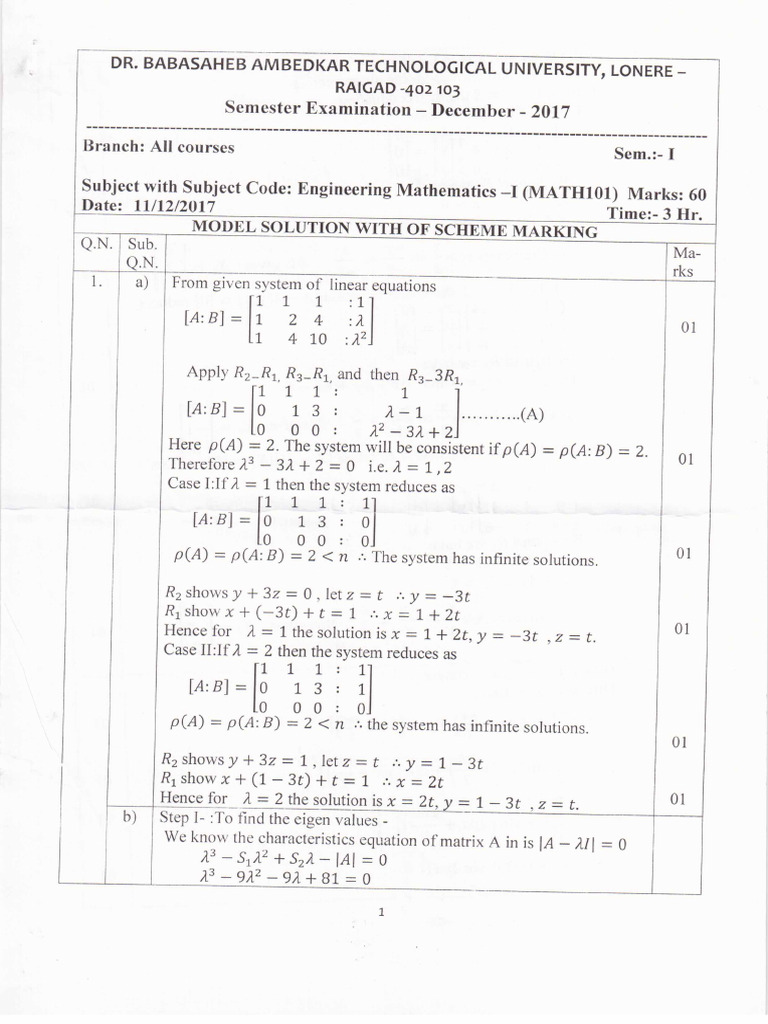 QP Engineering Mathematics I MATH101 | PDF