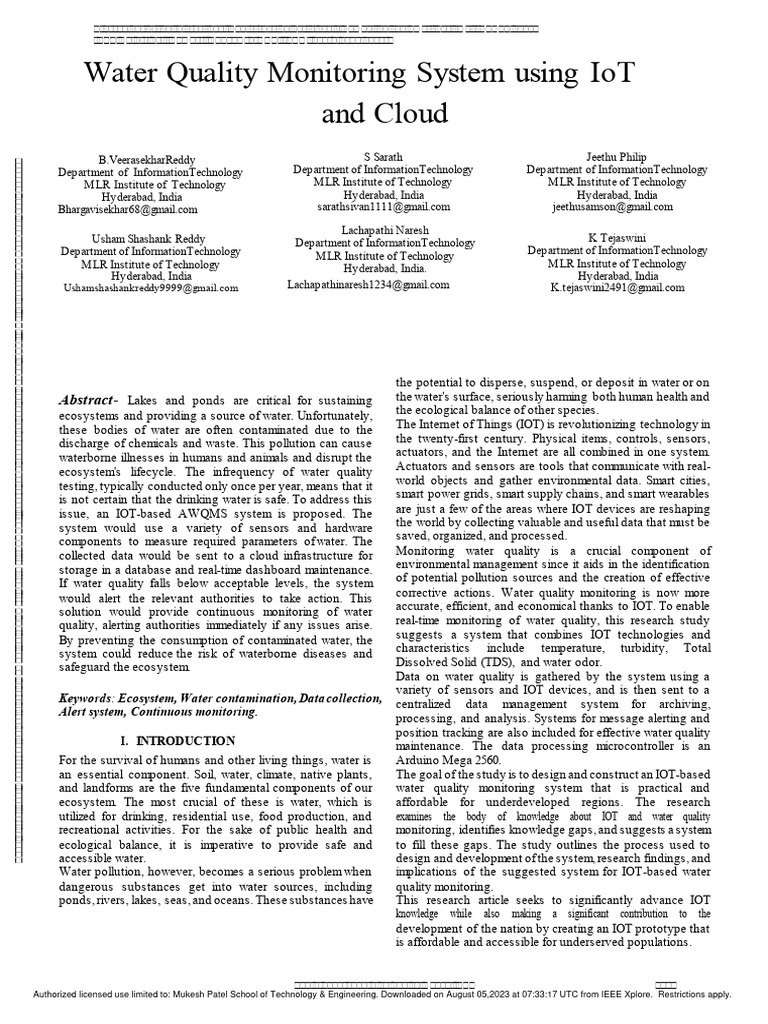 Water Quality Monitoring System Using IoT and Cloud | PDF