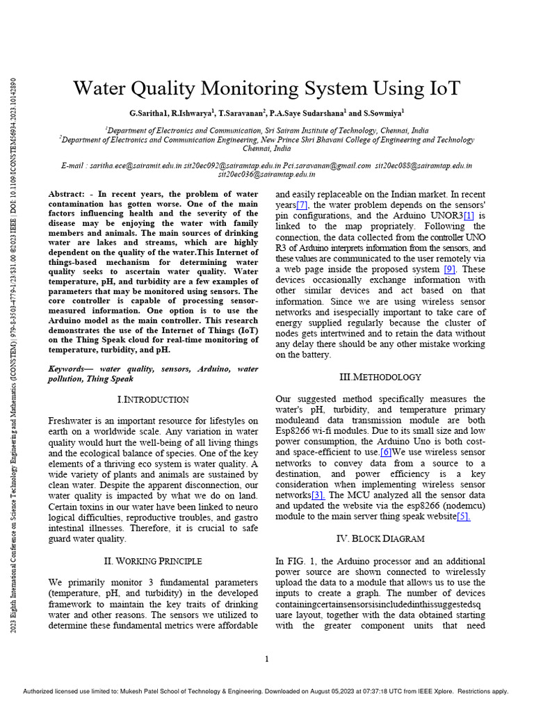 Water Quality Monitoring System Using IoT | PDF