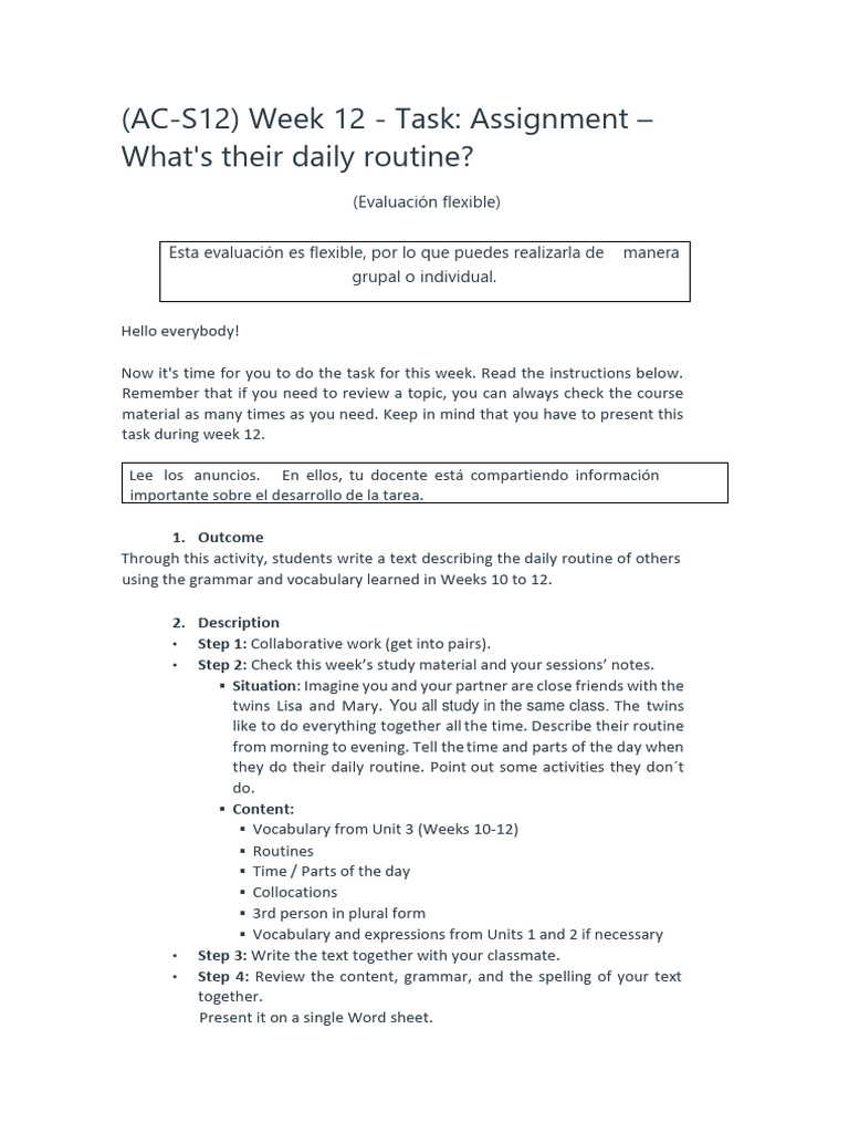 Week 12 - Instructions - Task Assignment - What's Their Daily Routine ...