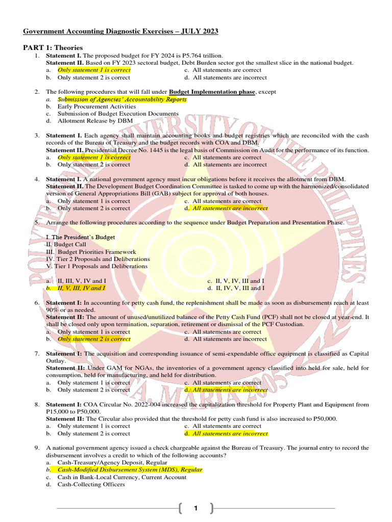 Answered - Government Accounting Diagnostic Exercises 2023 | PDF | Law