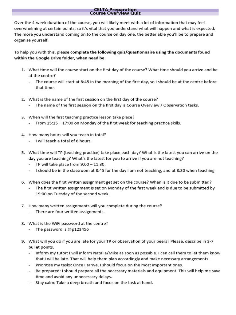 CELTA - Pre-Course Quiz | PDF | Classroom Management | Lesson Plan