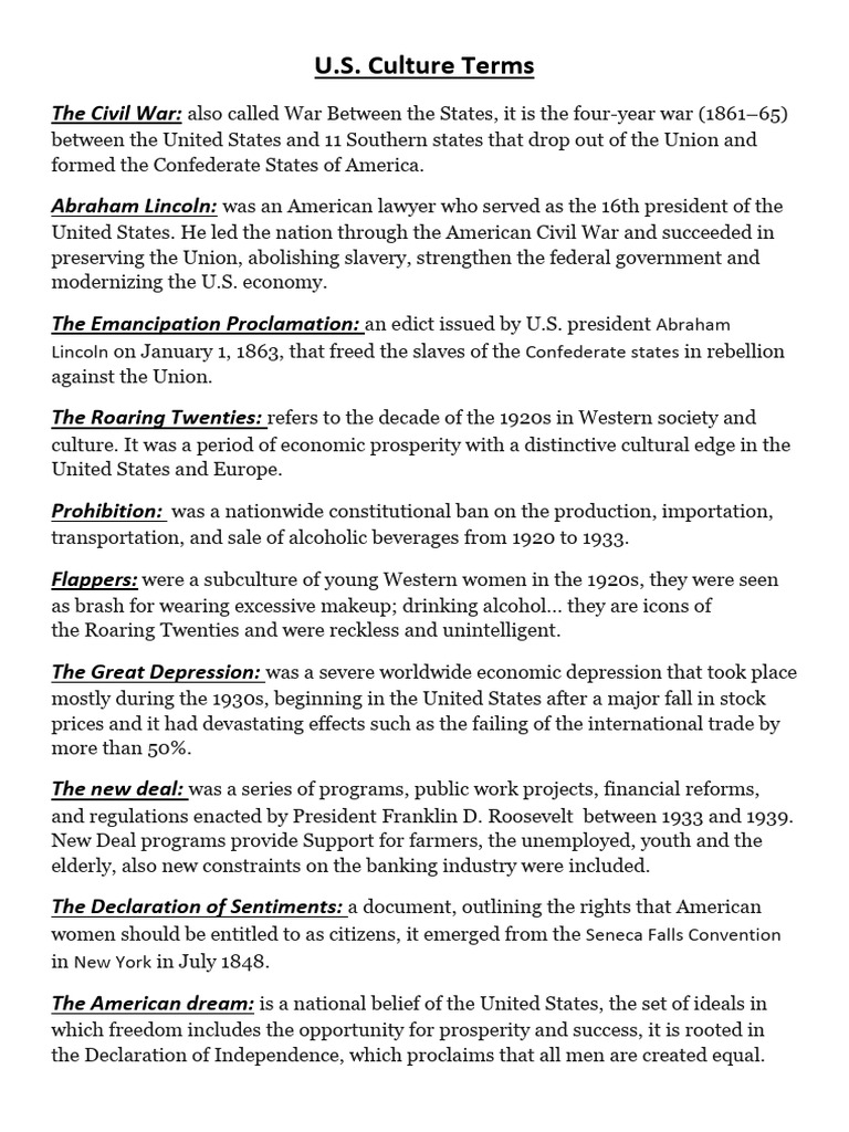 U.S Culture Key Terms | PDF | United States Declaration Of Independence ...