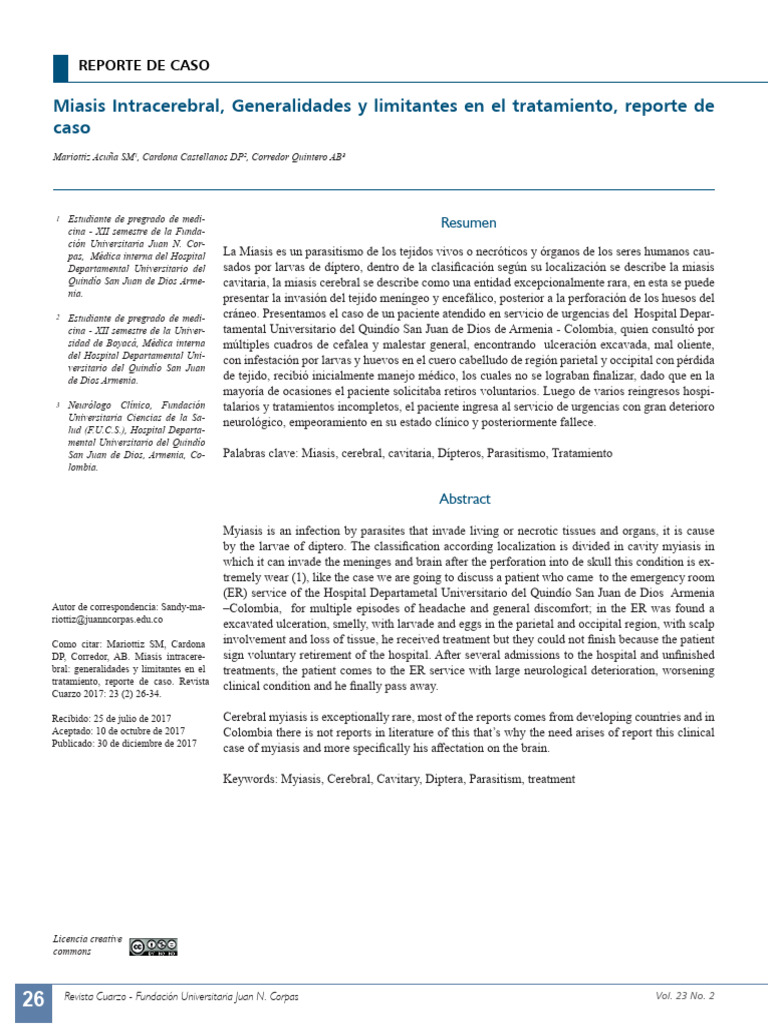 Miasis Intracerebral, Generalidades y Limitantes en El Tratamiento ...