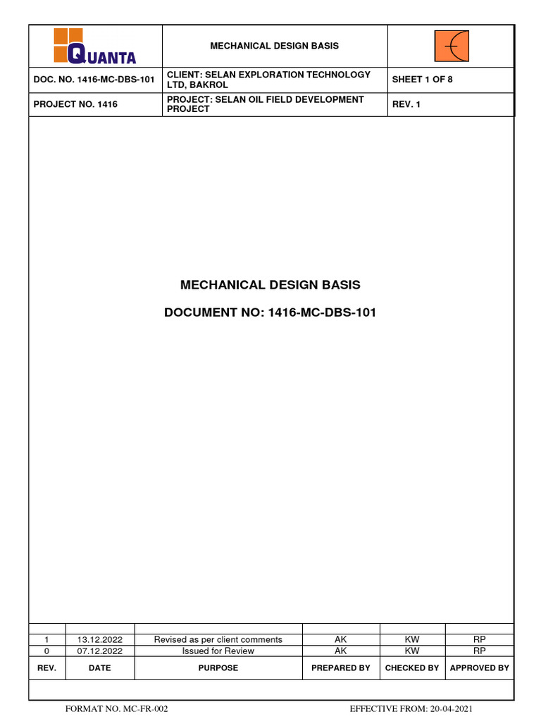 1416-MC-DBS-101 - Mechanical Design Basis - R1 | PDF | Pipe (Fluid ...
