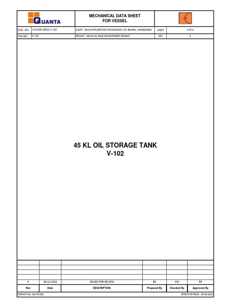 45 KL Oil Storage Tank V-102: Mechanical Data Sheet For Vessel | PDF ...