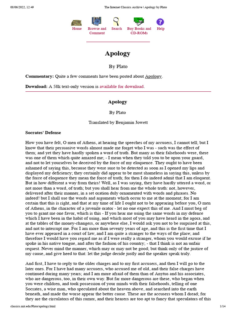 Apology by Plato | PDF | Apology (Plato) | Socrates