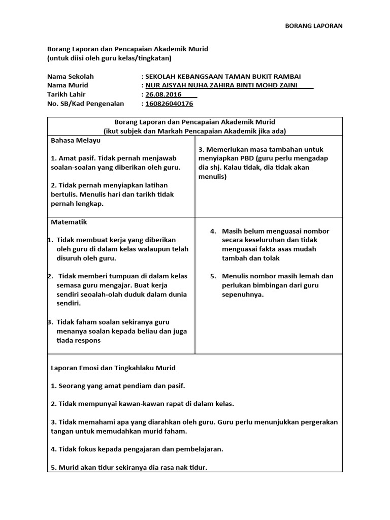 Borang Laporan Dan Pencapaian Akademik Murid PPKI | PDF