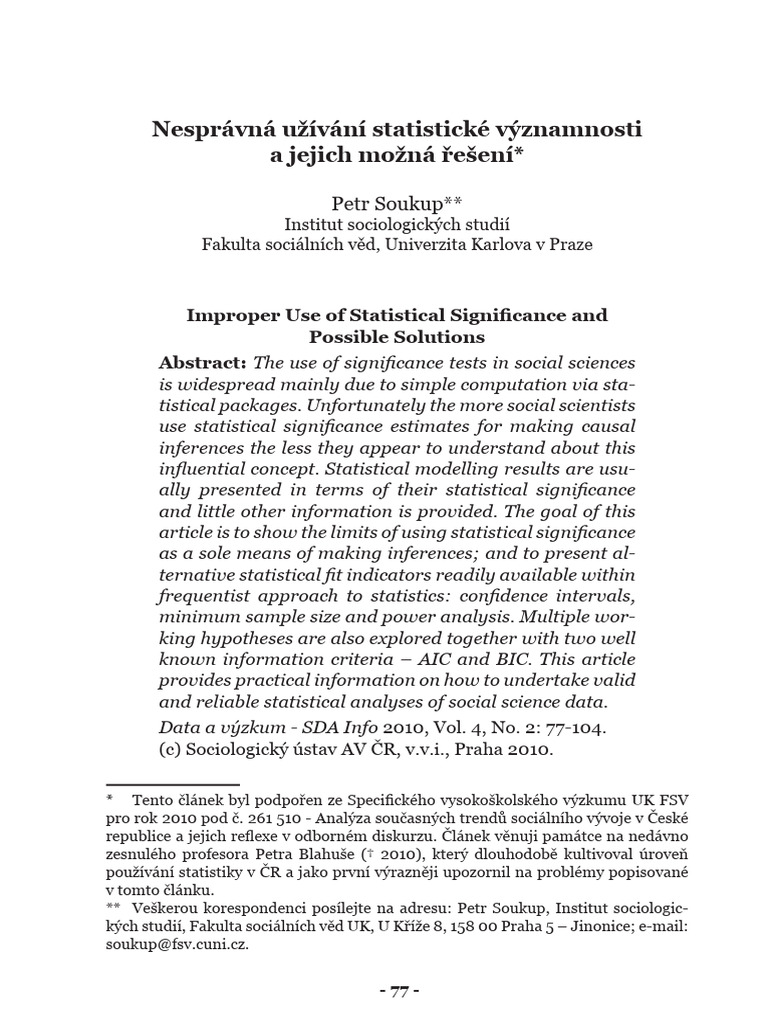 Nesprávná Užívání Statistické Významnosti A Jejich Možná Řešení | PDF