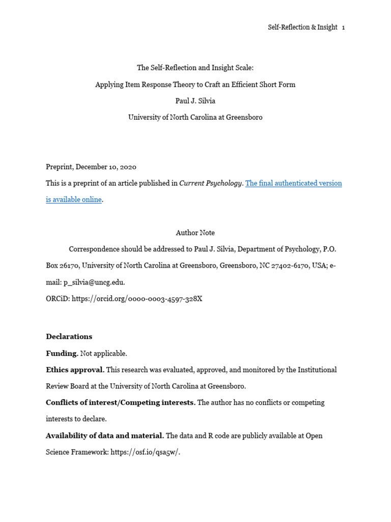 Self Reflection and Insight Scales, Preprint | PDF | Self Awareness ...