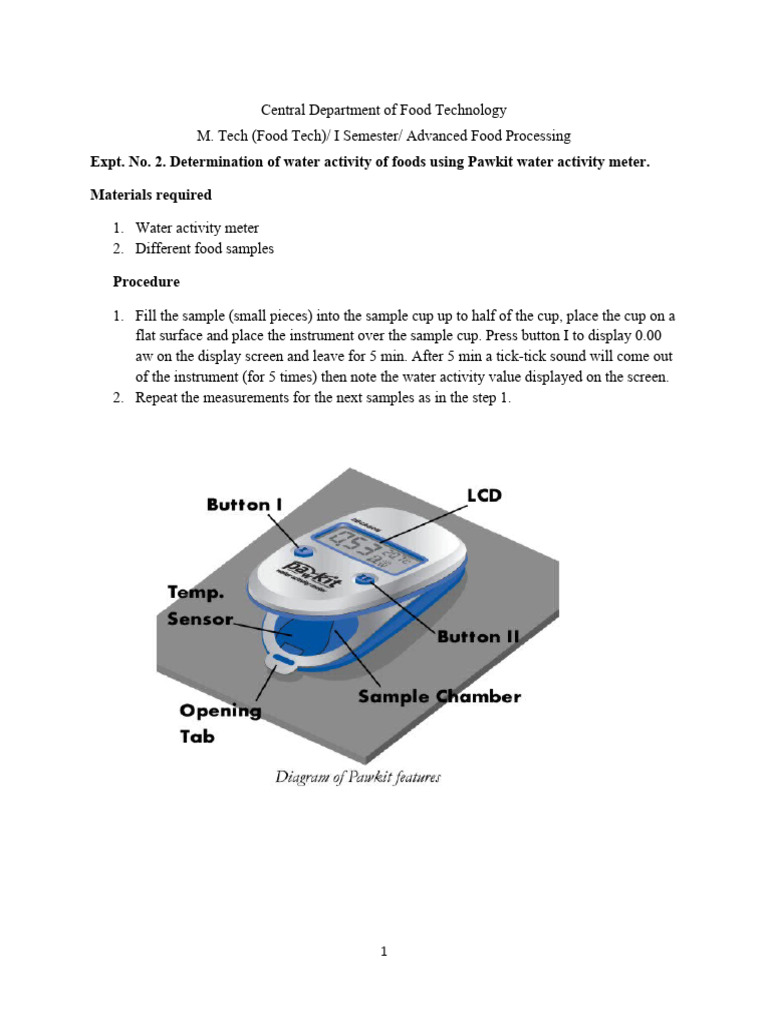 Expt. No. 2. Determination of Water Activity Using Pawkit Water ...