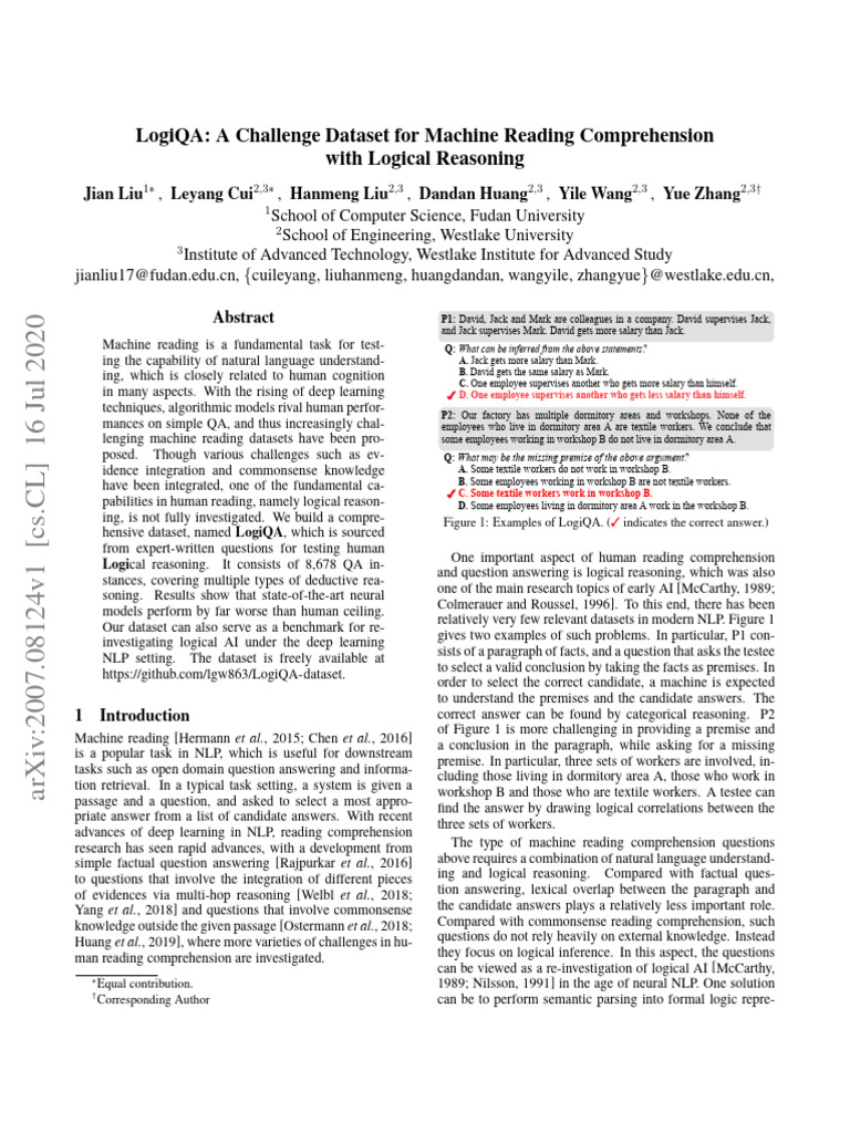 LogiQA: A Challenge Dataset For Machine Reading Comprehension With Logical Reasoning | Download ...