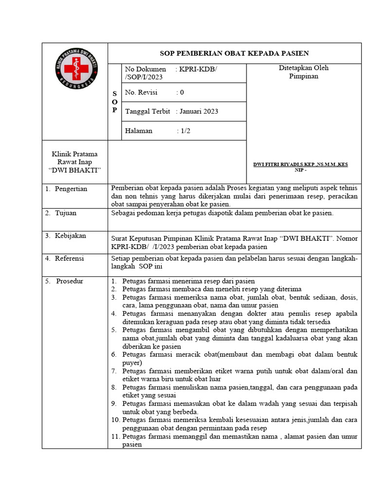 Ep 2.4 SOP PEMBERIAN OBAT KEPADA PASIEN TERBARU | PDF