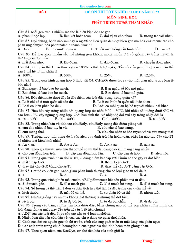 10 de On Thi TN THPT 2023 Sinh Hoc Phat Trien Tu de Minh Hoa | PDF