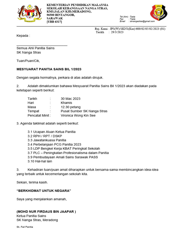 Surat Panggilan Mesyuarat Panitia Bil 1 2023 | PDF