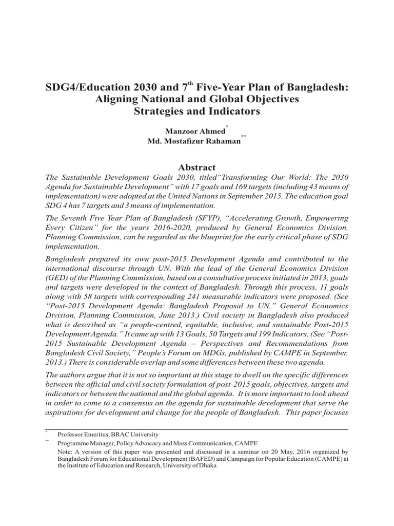 SDG-Education-2030-and-7-Five-Year-Plan-of-Bangladesh - Article | PDF | Millennium Development ...