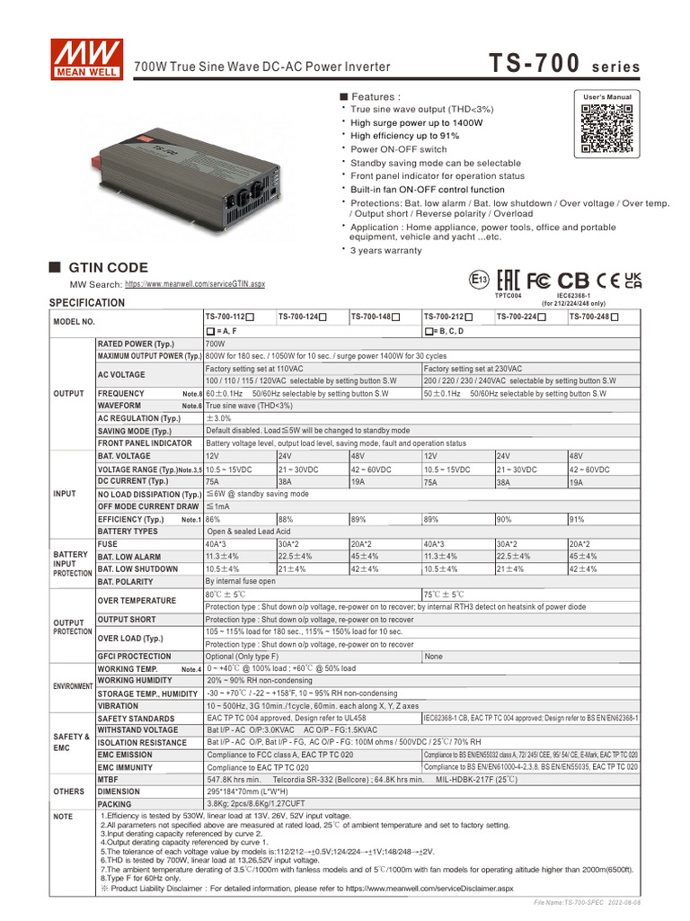 TS 700 Spec | PDF | Power Inverter | Electronics