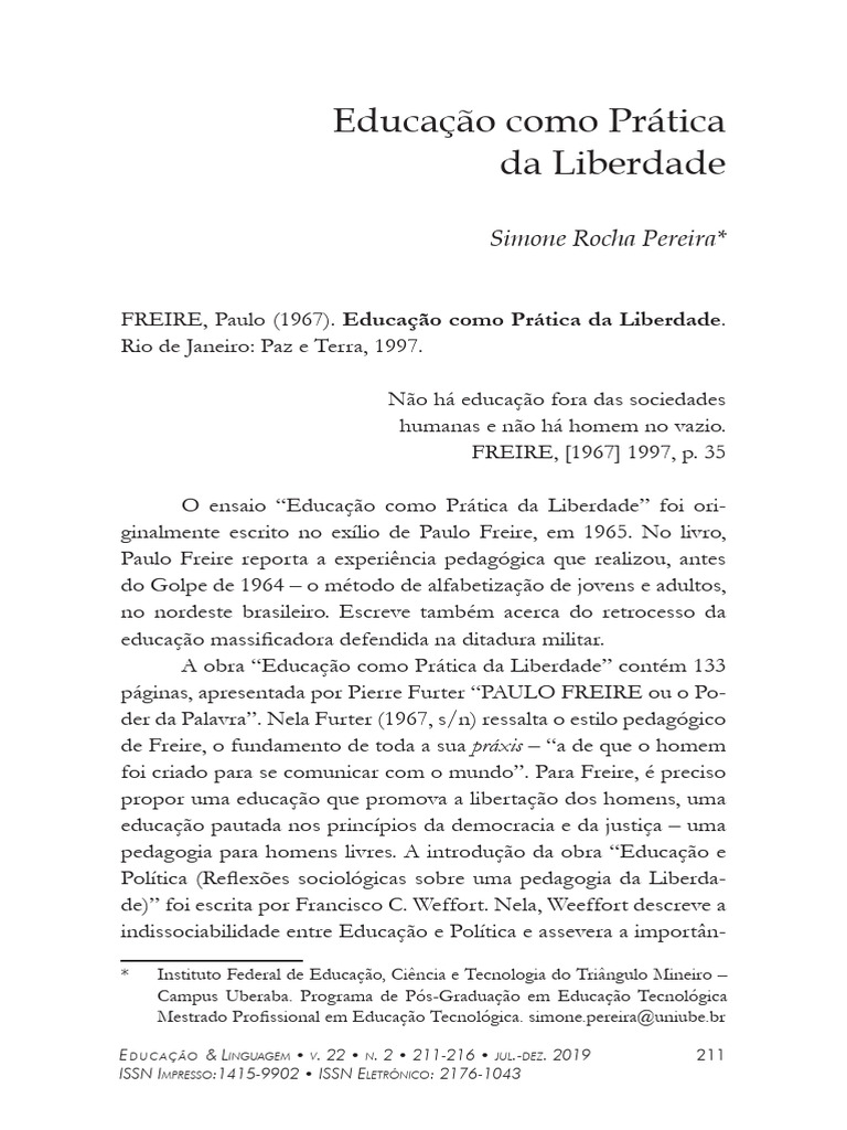 Educação Como Prática Da Liberdade. - Paulo Freire RESENHA | PDF ...