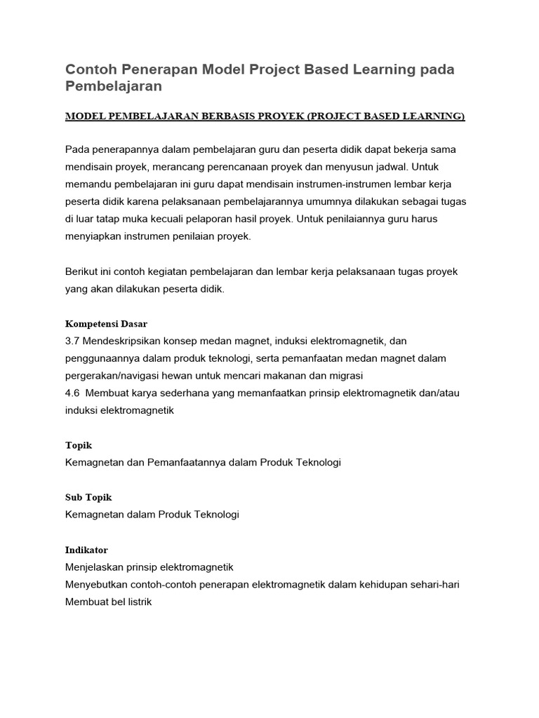 Contoh Penerapan Model Project Based Learning Pada Pembelajaran | PDF