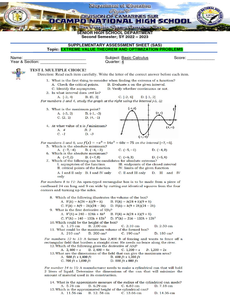 SAS - Basic Calc - Extreme Value Theorem Optimization | PDF ...