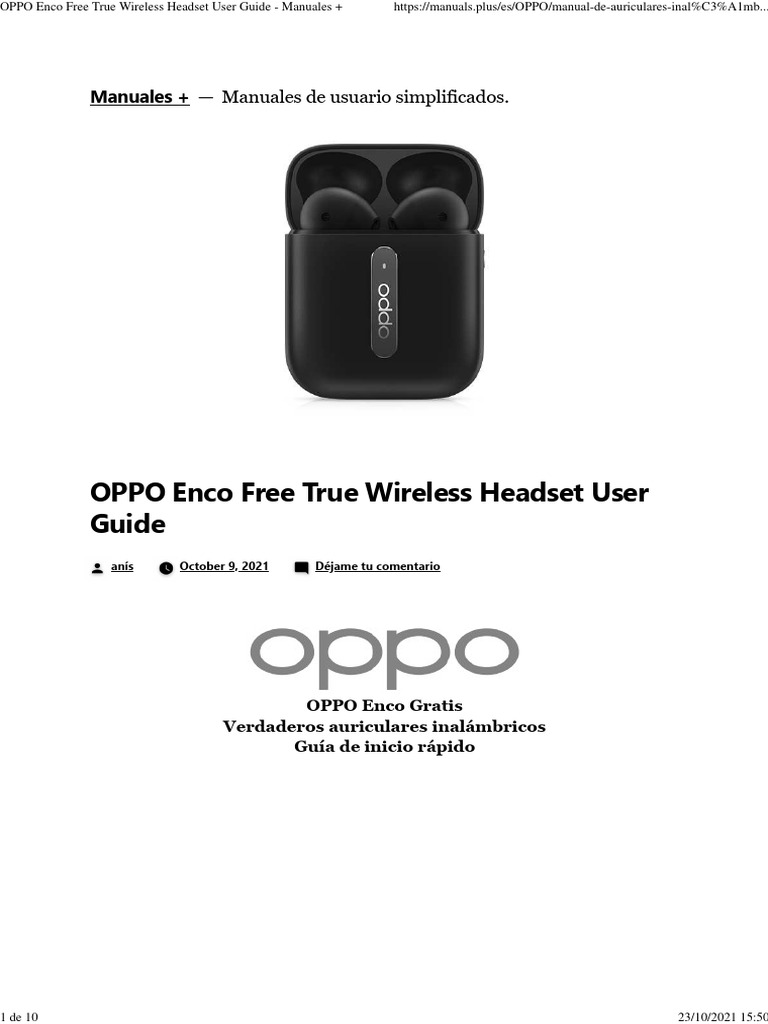 Manual OPPO Enco Free True Wireless Headset User Guide - Manuales + | PDF | Auriculares | Bluetooth