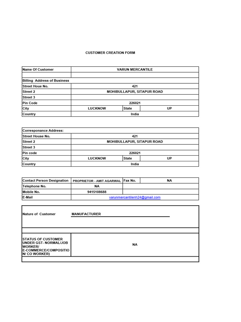 Customer Creation Form for Varun Mercantile | PDF | Payments | Service ...